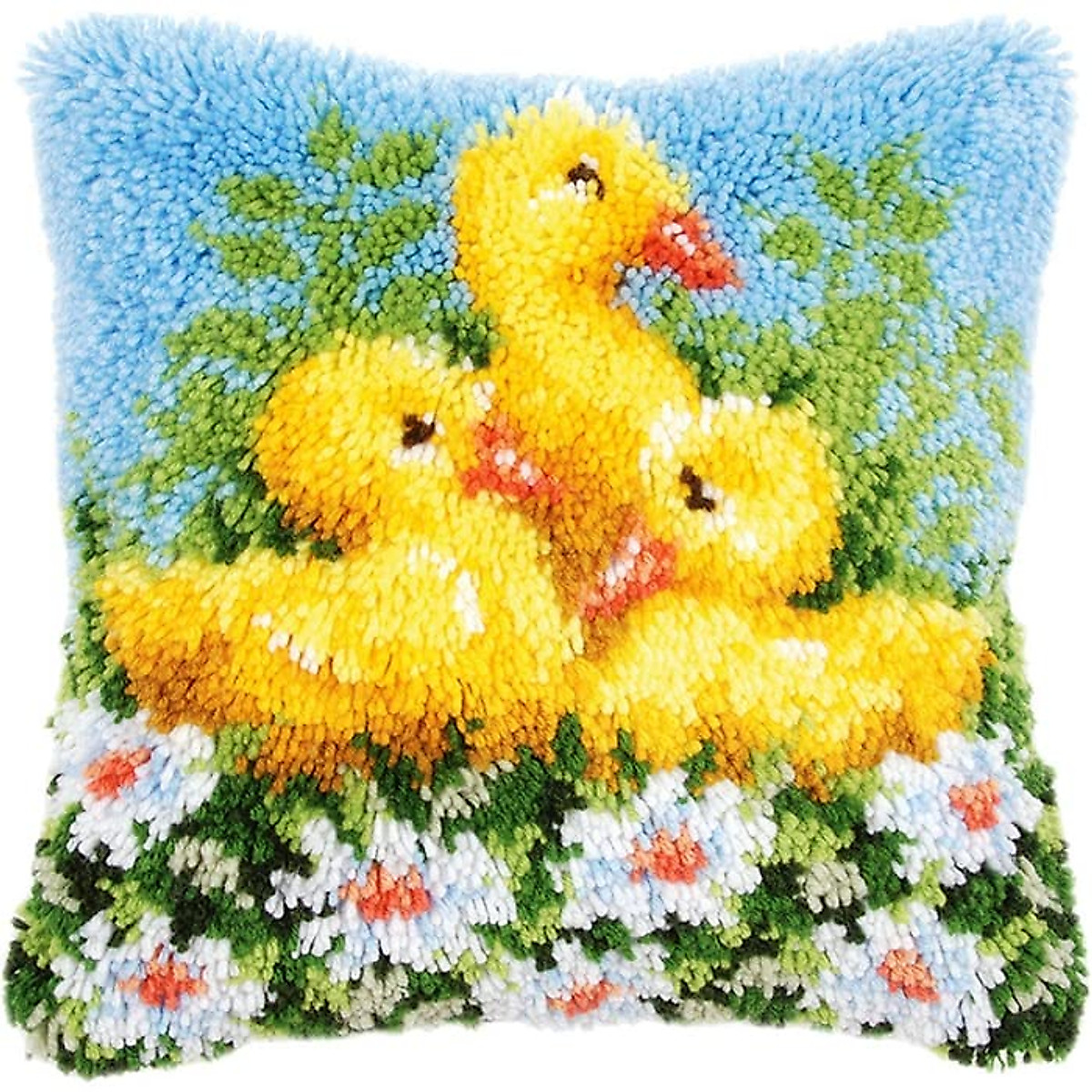 Little Yellow Ducks Latch Hook Kits Pillow DIY Printed Canvas Handmade Cushion Crochet Yarn Embroidery Needlework Hook Latch Kit Pillowcase Rug Cover Christmas Home Sofa Decoration 43x43cm