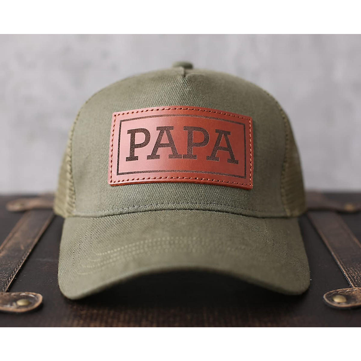 Papa Hat，Leather Patch Hat Papa for Papa Baby Announcement Gift for Papa Olive