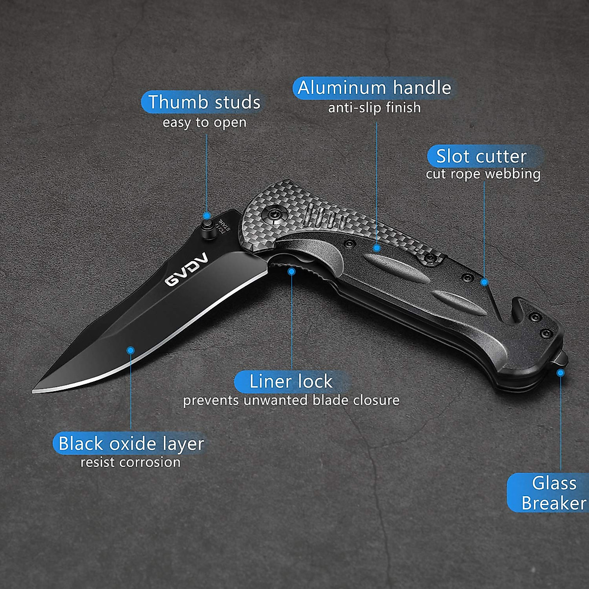 GVDV Utility Pocket Knife with 7Cr17 Stainless Steel - Folding Knife for EDC Outdoor Camping Hunting, Seatbelt Cutter, Glass Breaker for Emergencies, Black