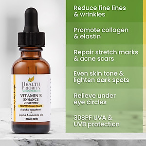 Organic Vitamin E Oil for Skin & Scars |100% Pure Natural Vitamin E Serum Hand Made in South Carolina | 15000 IU Vitamin E for Face & Hair| Non-GMO, Gluten & Cruelty Free, Vegan | Unscented 1 Fl Oz