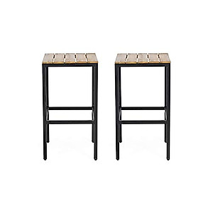 Christopher Knight Home Frieda Outdoor Modern Industrial Acacia Wood Bar Stools (Set of 2), Teak Finish + Black