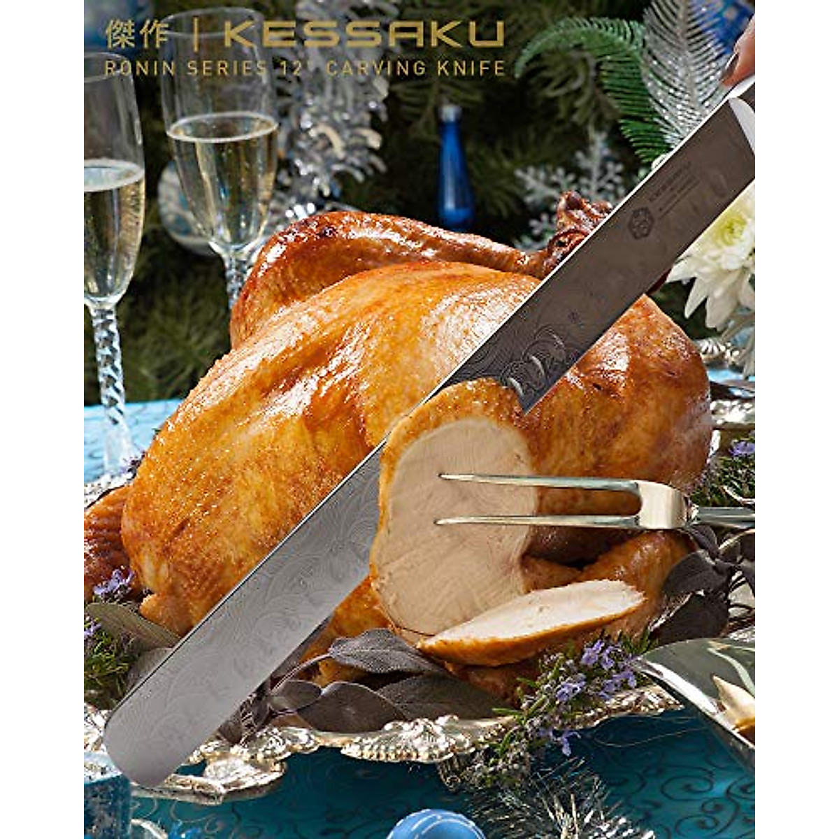 KESSAKU 12-Inch Slicing Carving Knife - Ronin Series - Granton Edge - Forged High Carbon 7Cr17MoV Stainless Steel - Pakkawood Handle with Blade Guard