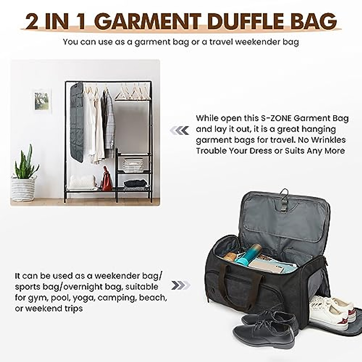 Carry On Garment Bag for Travel, S-ZONE Convertible Garment Duffle Bag Suit Bags for Men Women Travel- 2 in 1 Hanging Suitcase Business Travel Bag with Toiletry Bag (Black)
