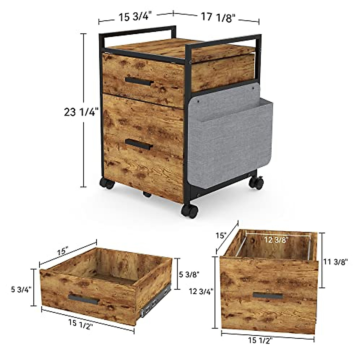 EUREKA ERGONOMIC File Cabinet 2 Drawers, Rolling File Cabinet with Bag for Home Office, Under Desk Rolling File Cabinet, Wood Filing Cabinet, Printer Stand with Storage, Rustic Brown