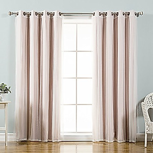 Best Home Fashion Mix & Match Tulle Sheer Lace & Blackout Curtain Set - Antique Bronze Grommet Top - Dusty Pink - 52"W X 84"L - (2 Curtains and 2 Sheer curtains)