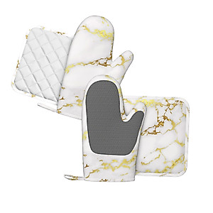 Marble Oven Mitts Pot Holders Set Silicone White Gold Kitchen Gloves Potholders Heat Resistant for Chef Baking Cooking Grilling BBQ 4 Pack Mitt