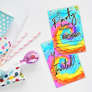Tie Dye Birthday Invitations - It's Party Time! Birthday Party Invite Cards（20 Count) With Envelopes, Fill In Style Invite Cards For Boys & Girls, Birthday Party Favor & Supplies-B33