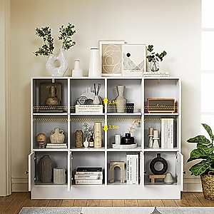 Anystyle White 12 Cube Bookshelf, 3-Tier Bookcase Storage Cabinet with 4 Doors for Bedroom, Living Room