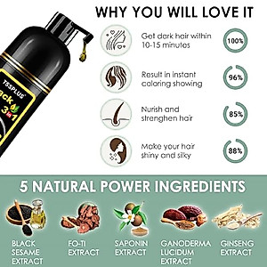 TSSPLUS Black Hair Dye Shampoo, 500ml - Organic Natural Hair Color Dye Shampoo for Women & Men, Instant Gray White Hair Cover, Plant Essence, Semi-Permanent