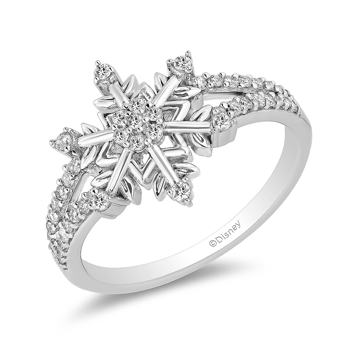 Jewelili Enchanted Disney Fine Jewelry Sterling Silver 1/4 Cttw Diamond Elsa Snowflake Ring, Size 9