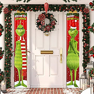 Grinch Christmas Porch Sign Banner Decorations Grinch Yard Door Decorations Supplies for Indoor Outside Front Door Living Room Kitchen Wall Party