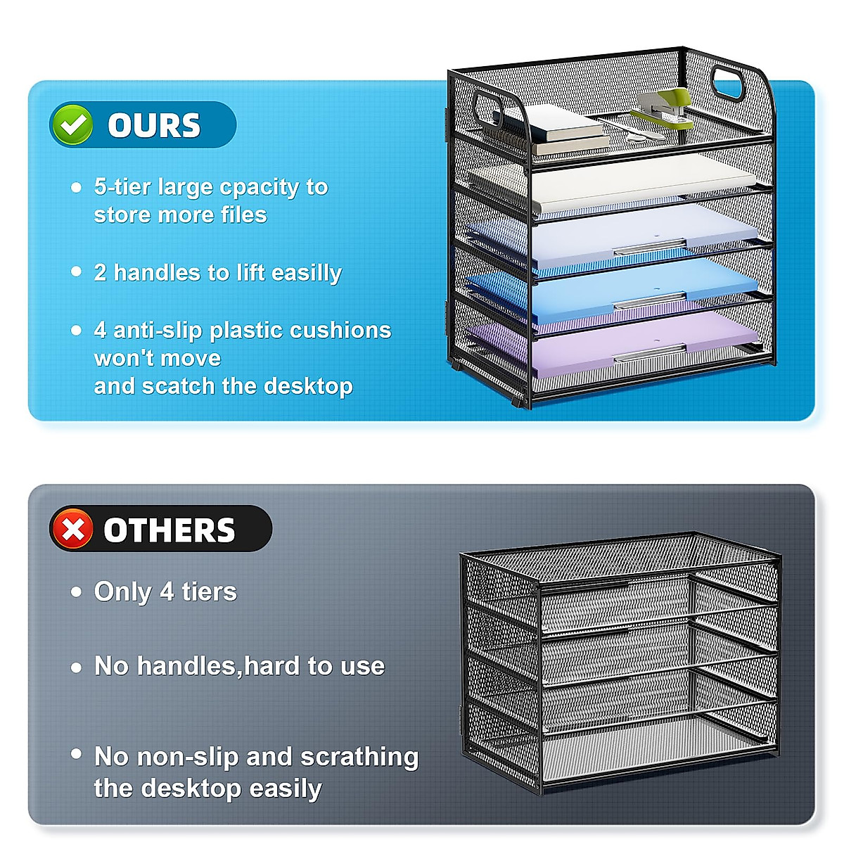 Marbrasse 5 Tier Paper Organizer Letter Tray, Mesh Desk File Organizer with Handle, Paper Sorter Desk Organizer for Home Office Supplies(Black)