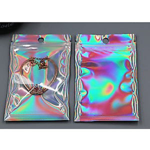 AMBESTAR 50 Pcs Resealable Smell Proof Bags, Small Holographic Color Resealable Foil Ziplock Pouch for Storage Food, Candy, Chocolate, Coffee Beans, Camping Spices and More, Small (4 x 6 Inches)
