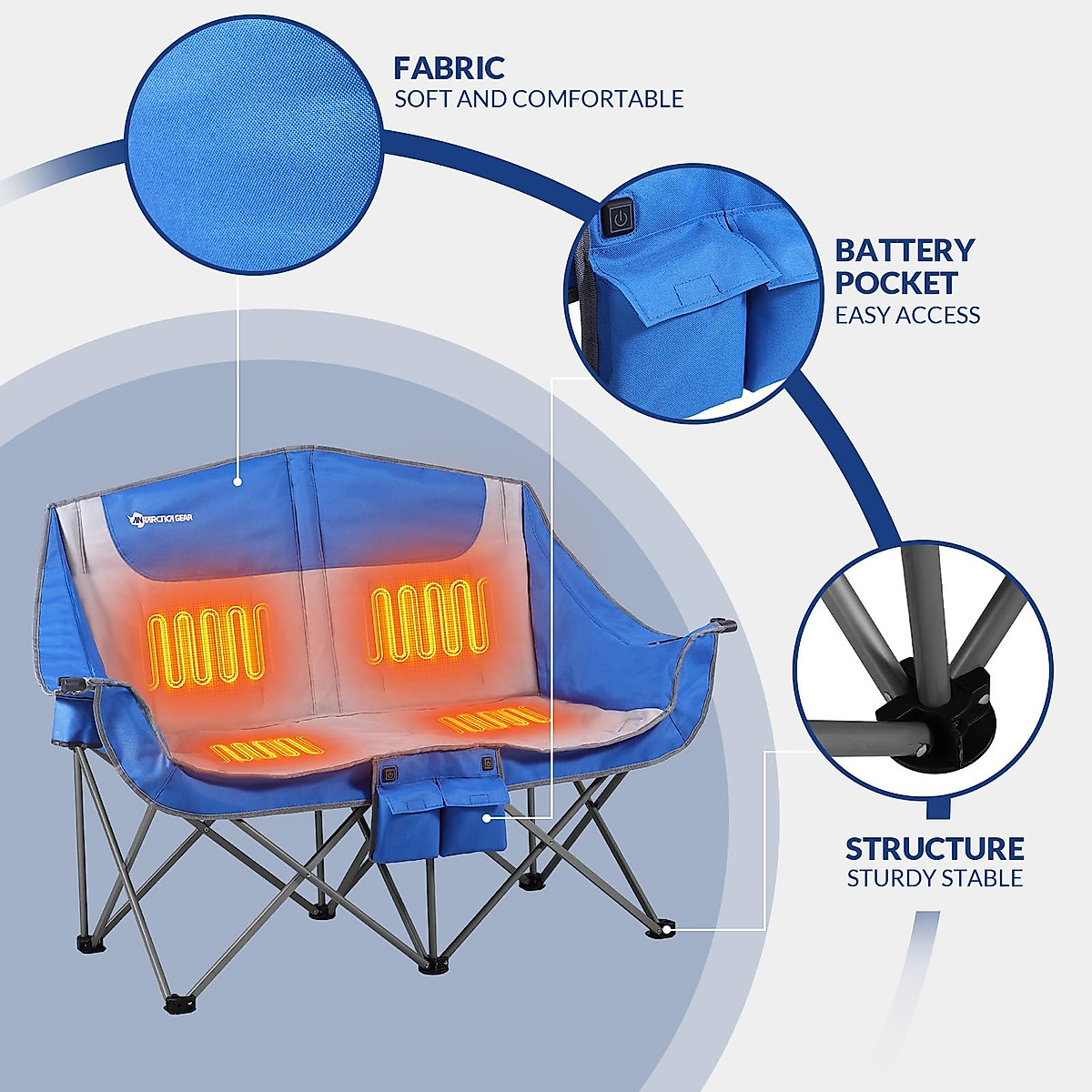 ANTARCTICA GEAR Heated Double Camping Chair, 2-Person Folding Chair with 12V 16000mAh Battery Pack, Heated Portable Loveseat Chair, for Outdoor
