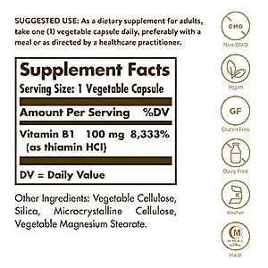 Solgar Vitamin B1 (Thiamin) 100 mg, 100 Vegetable Capsules - Energy Metabolism, Healthy Nervous System, Overall Well-Being - Non-GMO, Vegan, Gluten Free, Dairy Free - 100 Servings