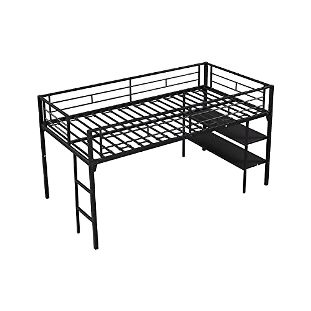 Lostcat Twin Size Metal Loft Bed and Storage Shelves,Heavy Duty Metal Loft Bed w/Full Length Guardrails and Ladder,No Box Spring Needed,Suitable for Kids,Teens,Adults,Black