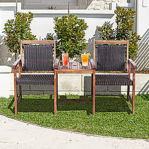 HAPPYGRILL Patio Bistro Set Acacia Wood Loveseat Chair with Side Table, 3 in 1 Rattan Wicker Patio Bench with Umbrella Hole for Garden Porch Backyard