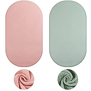 Mixweer 2 Pieces Bassinet Sheet for Boys and Girls Cotton Fitted Sheet Unisex Bassinet Mattress Sheets for Bassinets Baby Cradle Moses Basket Oval Rectangle Pad (Green, Pink,Muslin Cotton)