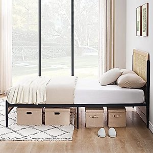 IDEALHOUSE Queen Size Bed Frame with Rattan Headboard, Platform Bed Frame with Safe Rounded Corners, Strong Metal Slats Support, Mattress Foundation, Noise-Free, No Box Spring Needed, White Oak