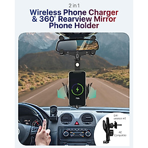 LoompaTech 2in1 Rear View Mirror Phone Holder + Wireless Car Charger 360 Rearview Mirror Phone Mount w/Automatic Clamping and Release, Rotatable & Retractable 15W Fast Wireless Charger for Car