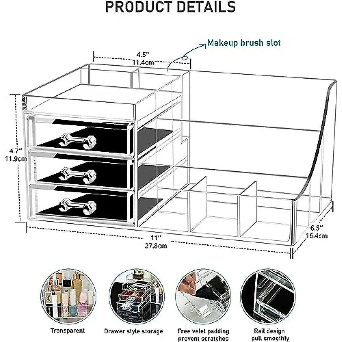 Simbuy Clear Makeup Organizer for Vanity, Large Desk Organizer with Drawers for Cosmetics, Lipsticks, Beauty Supplies, Nail Care, Skincare, Ideal for Dresser and Bathroom Countertops