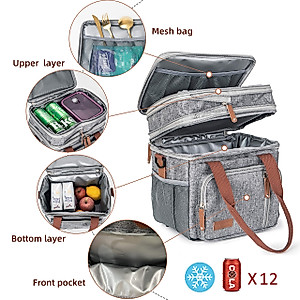 MOV COMPRA Adult Lunch Box for Work, Expandable Large Lunch Bags for Women Men, Leakproof Double Deck Lunch Box Cooler Tote Bag with Removable Shoulder Strap (Grey)