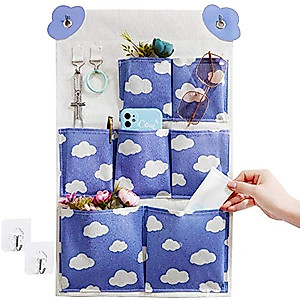 Gospelle Wall Hanging Storage Bag,Over The Door Organizer Pocket ,Premium Linen Fabric Pouches for Closet,Living Room,Bedroom,Bathroom (Blue Sky White Clouds)