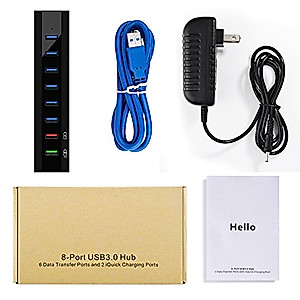 8-Port USB Hub, TOPESEL 36W 6 High Speed USB3.0 Data Transfer Ports, 1 BC1.2 and 1 Smart Charging Ports USB Hub USB Splitter with Power Adapter for PC, USB Flash Drives, Mouse and More (Black)