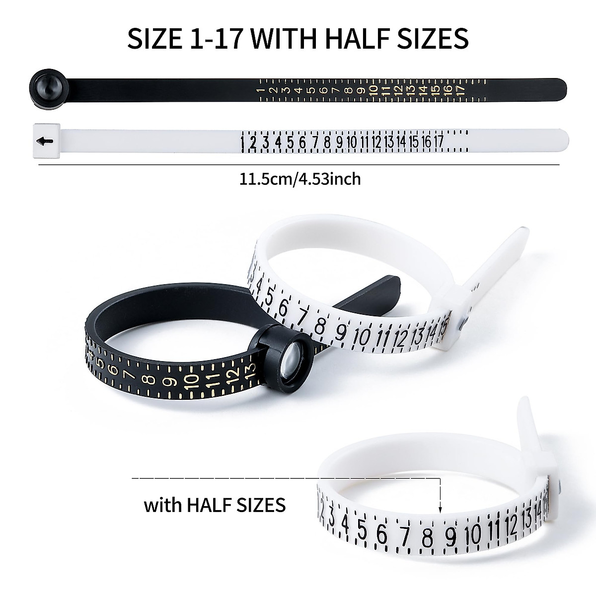 Bflaae Ring Sizer Measuring Tool Kit, 27 PCS Stainless Steel Measuring Ring Tool, US Ring Size 0-13 with Half Size, 2 PCS Reusable Finger Size Tape with Magnified Glass 1-17 USA Rings Size