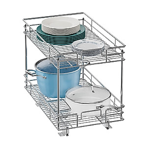 LOVMOR Pull Out Cabinet Organizer and Storage (20" W x 21" D) 2-Tier Pull Out Shelf Storage for Kitchen Base Cabinet Silver (20" W x 21" D, Silver, Roll on Top)