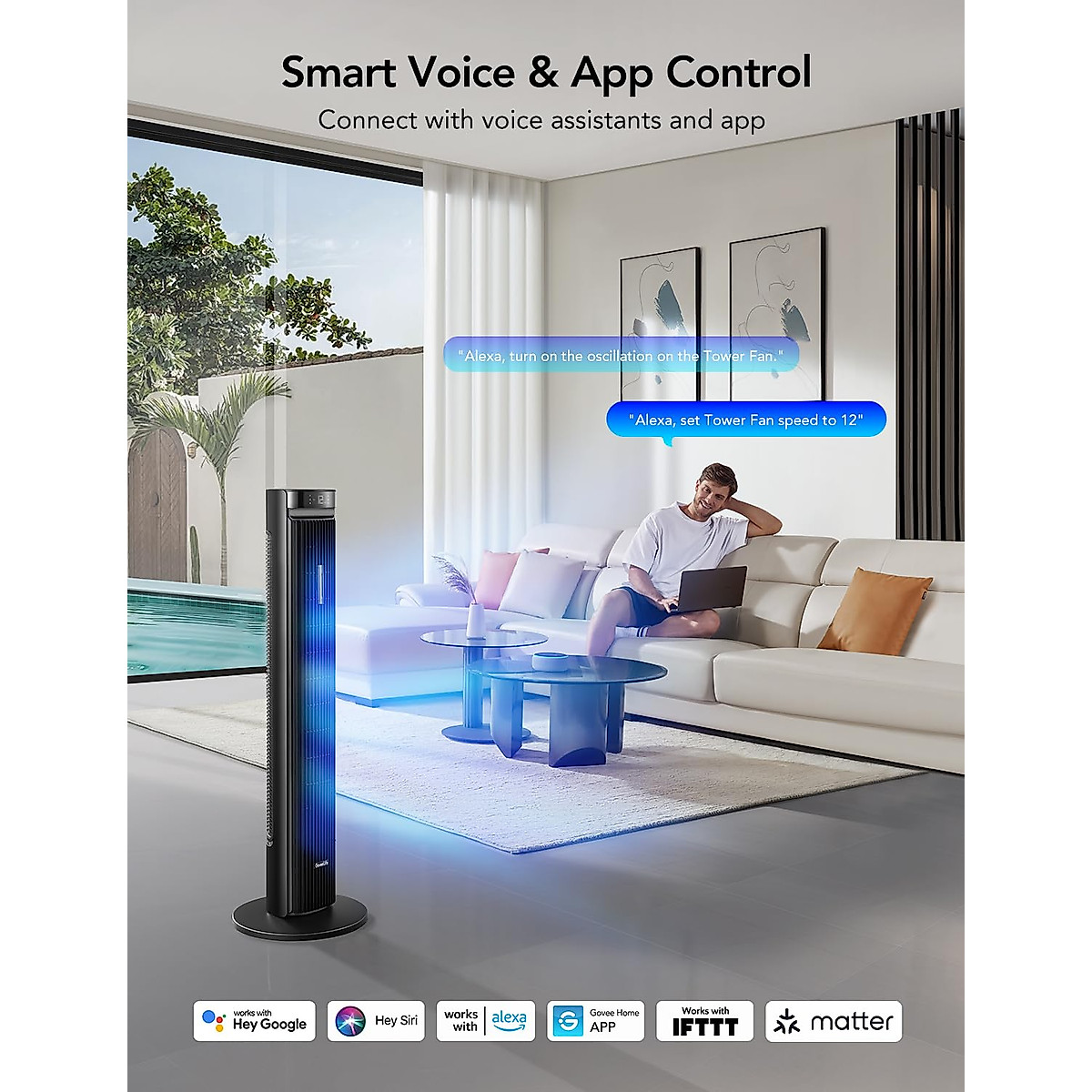 GoveeLife 42'' Tower Fan for Bedroom, Smart Floor Fans with 150° Adjustable Oscillating, APP & Voice Control, 5 Modes 12 Speeds up to 26ft/s, 24H Timer, 27dB Quiet Fan for Cooling Home Office Black