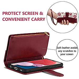 UEEBAI Wallet Case for Samsung Galaxy A13/A04s, PU Leather Magnetic Closure Handbag Zipper Pocket Case Kickstand Card Slots with Wrist Strap TPU Flip Cover for A13 5G/4G - Flower Wine Red