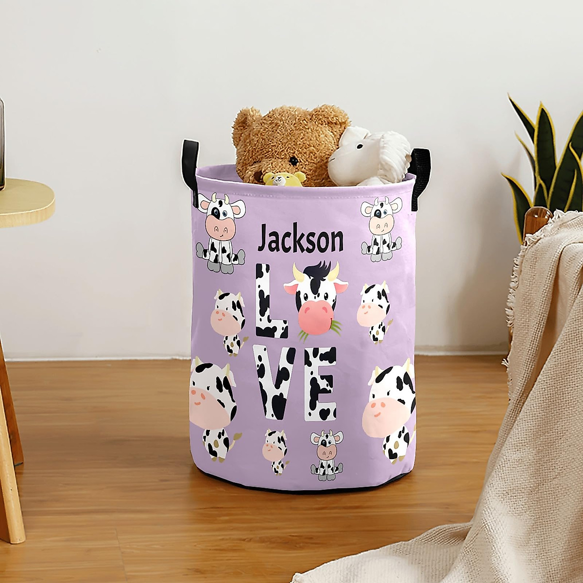 Purple Love Cow Laundry Basket Personalized with Name Laundry Hamper with Handle Organizer Storage Bin Bedroom Decor for Boys Girls Adults