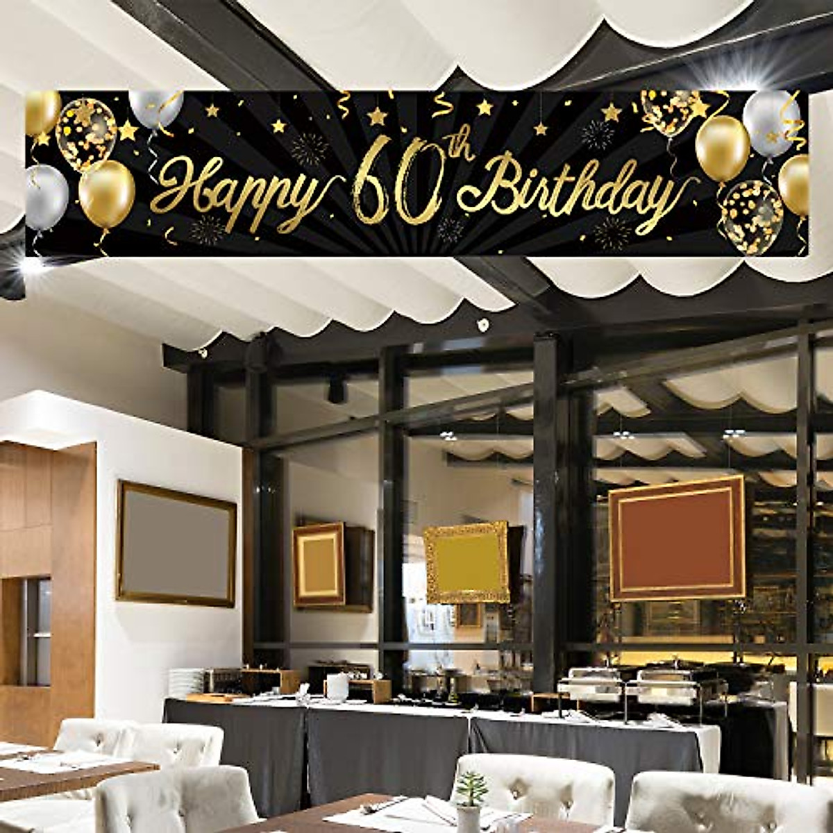 Happy 60th Birthday Banner Sign Gold Glitter 60 Years Birthday Party Decorations Supplies Anniversary Celebration Backdrop
