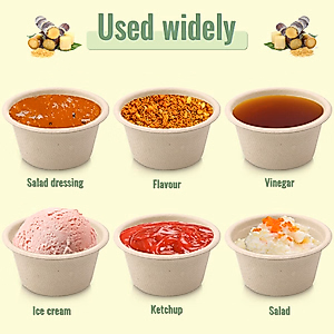 LeonBach 100 Pack Natural Bagasse Fiber Bowls 2oz Disposable Paper Cups Microwavable Safe Sample Snack Charcuterie Serving Cups for Sauce Portion Condiment Ice Cream Food Desserts