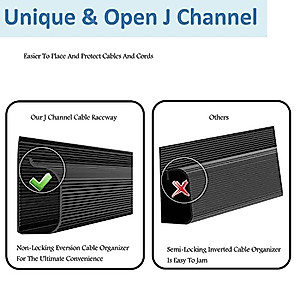 Cable Management 62.6'' J Channel Cable Raceway, 4 Pack Cord Cover, Under Desk Cable Management Kit, Self-Adhesive Desk Cabel Organizer, Easy to Install Cord Organizer for Home Office, 4X15.7IN Black