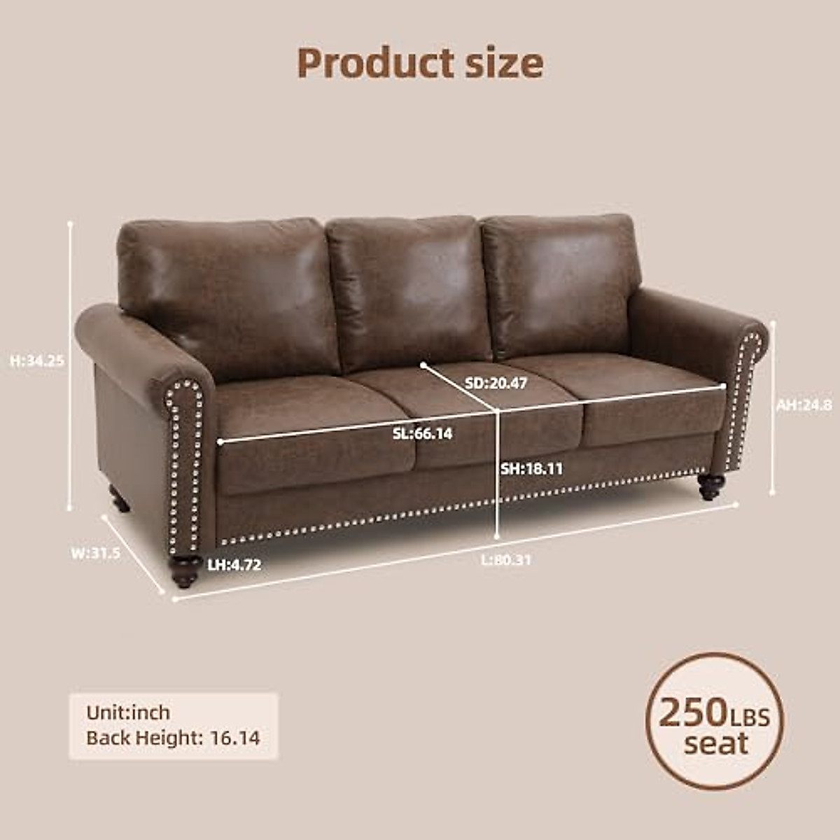 INMOZATA Leather Sofa for Living Room 80 inch Modern Couch, Tufted Cushions Upholstery Leather Couches with Nailhead Trim 3-Seater Sofa for Apartment, Lounge Room,Bedroom,Dark Brown