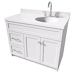 ARIEL Hamlet 43 Inch White Bathroom Vanity with Sink, 1.5" Edge Quartz Countertop, Solid Wood, Right Oval Sink, 2 Soft-Closing Doors & 2 Full Extension Drawers, Toe Kick