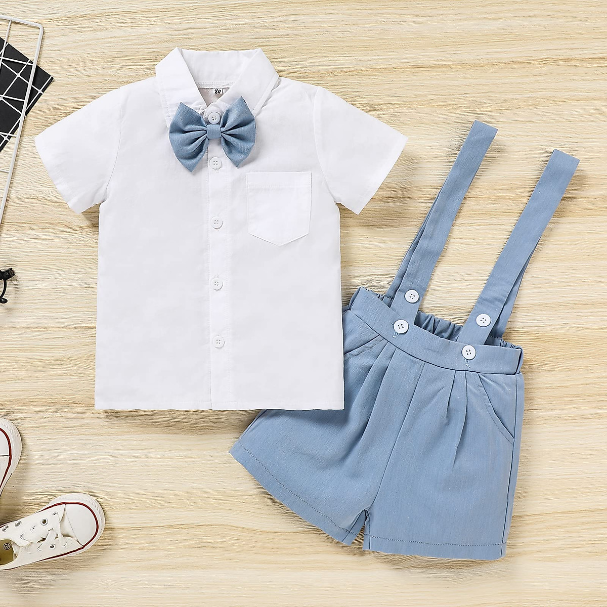 Viworld Toddler Baby Boy Gentleman Clothes Kids Short Sleeve Bowtie Shirt+Suspender Shorts Set Outifts Summer Suits(Blue,4-5 T)