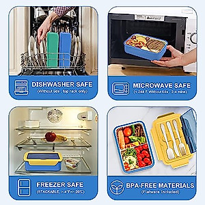 Landmore Bento Box Lunch Box for Kids Adults, 1100 ML Bento Lunch Box for Kids 3 Compartments with Utensils and Lunch Bag, Leakproof BPA Free(Blue)