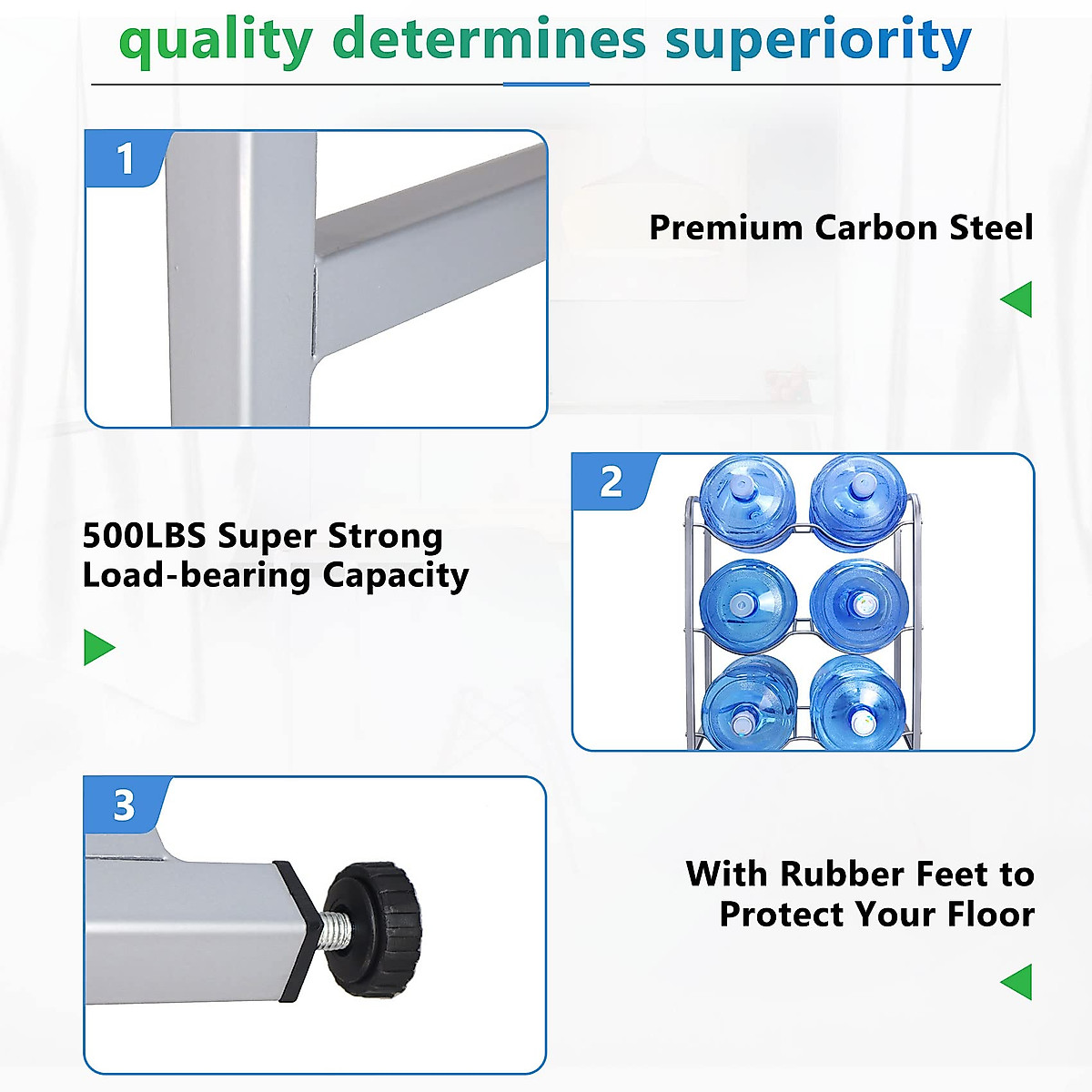 Iococee 5 Gallon Water Bottle Holder, Water jug Holder Rack 3-Tier, Water Cooler Jug Rack for 6 Bottles, 5 Gallon Water Bottle Storage Rack Heavy Duty, with Floor Protection for Home, Office