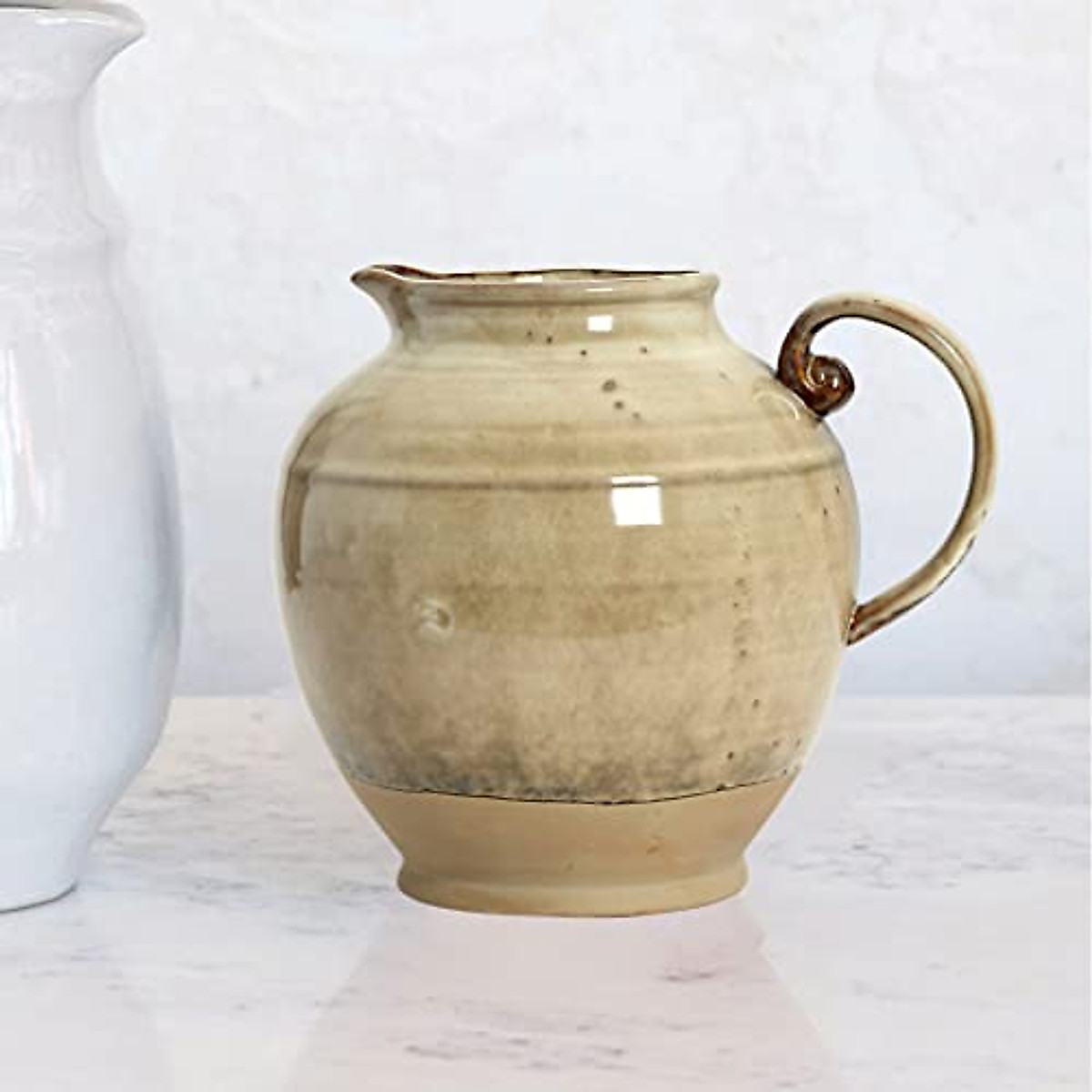 Creative Co-Op Stoneware, Reactive Glaze Pitcher, 8" L x 7" W x 7" H, Greige