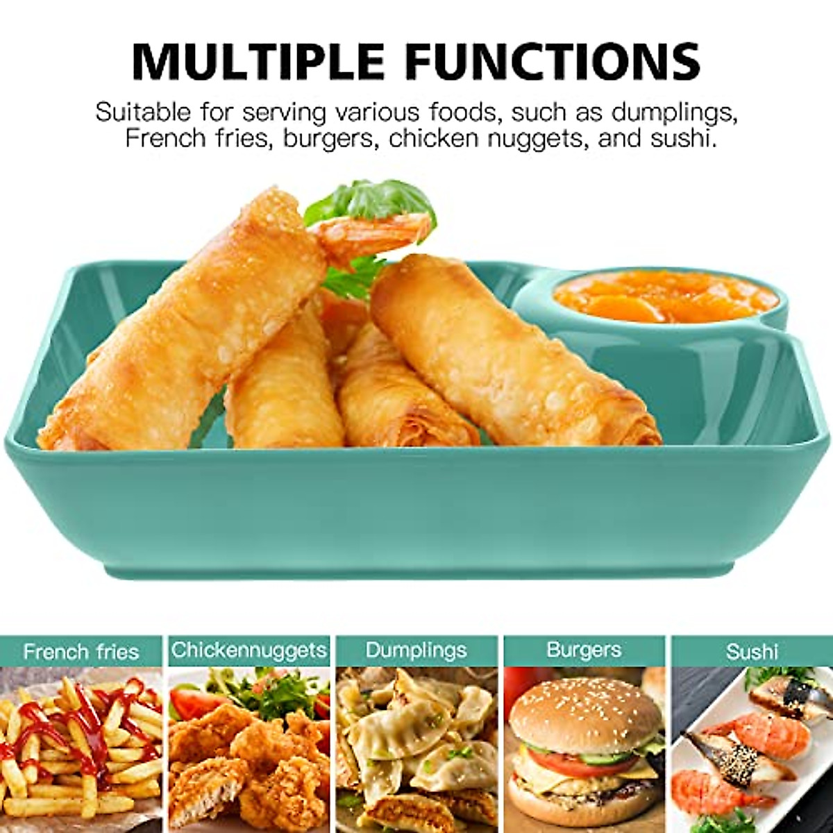Luxshiny 4pcs Plastic Dumpling Plates with Sauce Compartment Square Serving Plates with Sauce Holder Serving Platter Tray for Party