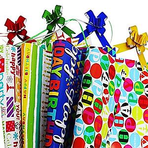 Birthday Wrapping Paper Sheet 8 Sheets Folded Flat Gift Wrap Paper with 4 Decorative Bows, Kids Birthday Gift Wrapping Paper, 20 in x 27.5 in Per Sheet