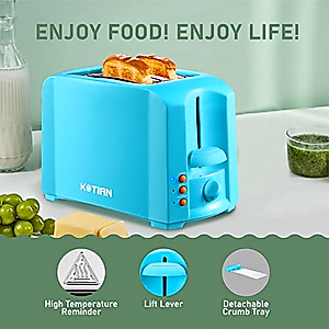 Toaster 2 Slice KOTIAN Compact Bread Toaster 6 Browning Settings,Cancel/Defrost/Reheat Function,Removable Crumb Tray,Turquoise Green,800W