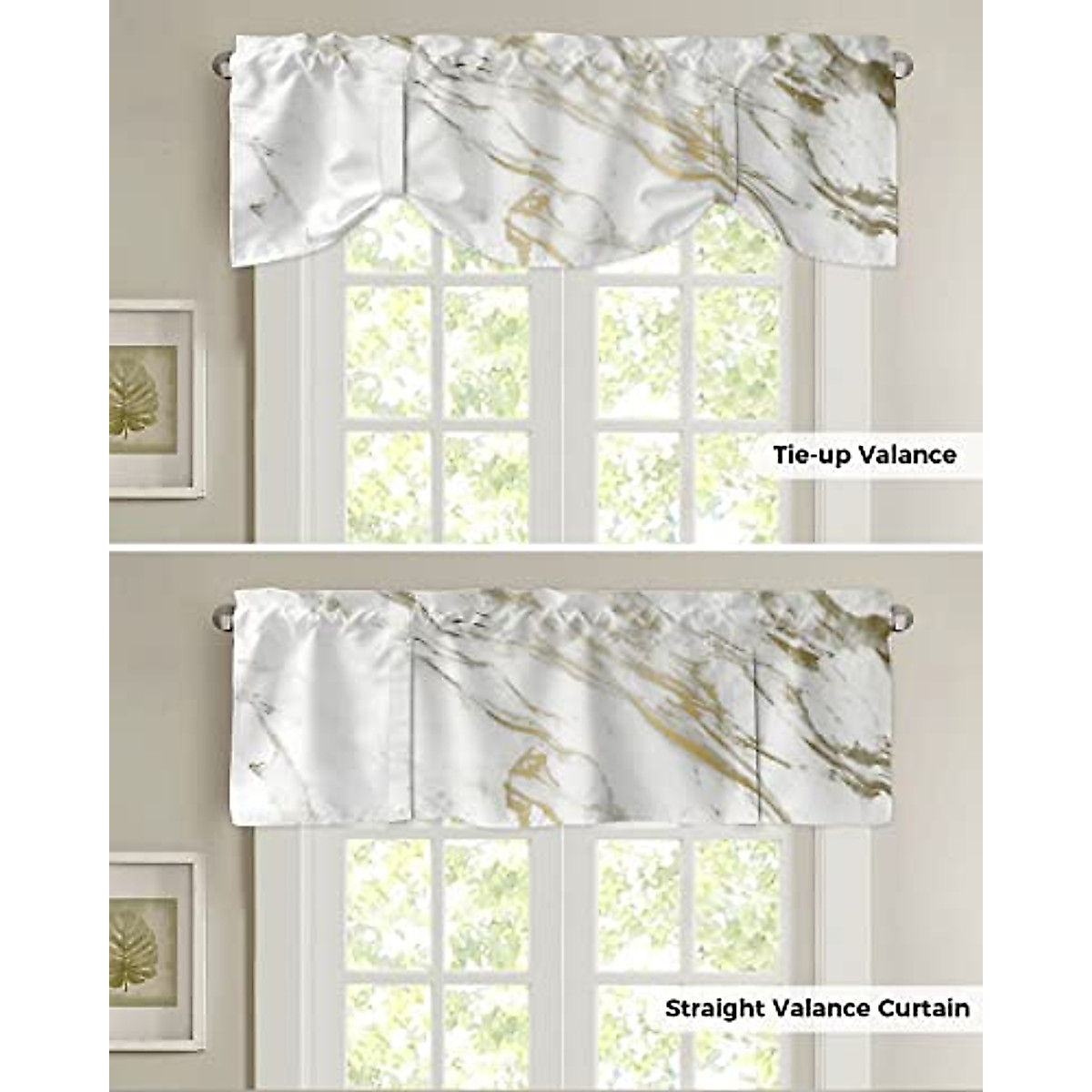 JasmineM White Gold Marble Tie Up Valance Curtains for Living Room, Adjustable Rod Pocket Kitchen Valances for Windows Bedroom Bathroom, Wild Symbol Shades Window Treatment, 42x12inch
