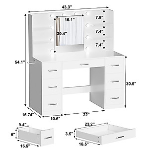 Acurax Vanity Desk with Mirror and 10 Lights, Makeup Table with 7 Drawers and Open Shelves, 3 Color Modes and Adjustable Brightness, Power Outlet for Bedroom, White