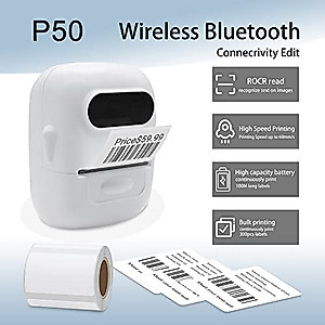 hycodest Thermal Label Printer P50 Wireless Bluetooth Portable Printer Label Maker Machine with Tape (50x30 mm, 200 pcs) Compatible with Android & iOS System, White