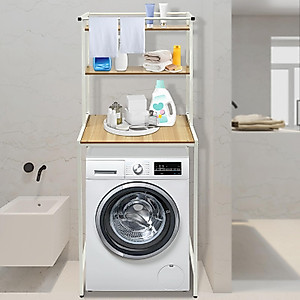 iSamLam Over Washer Dryer Standing Rack Stand with Adjustable Rubber Feet, Hanging Towels Organizer Laundry Products Storage Shelf for Bathroom Laundry Room Space Saver (White + Log)