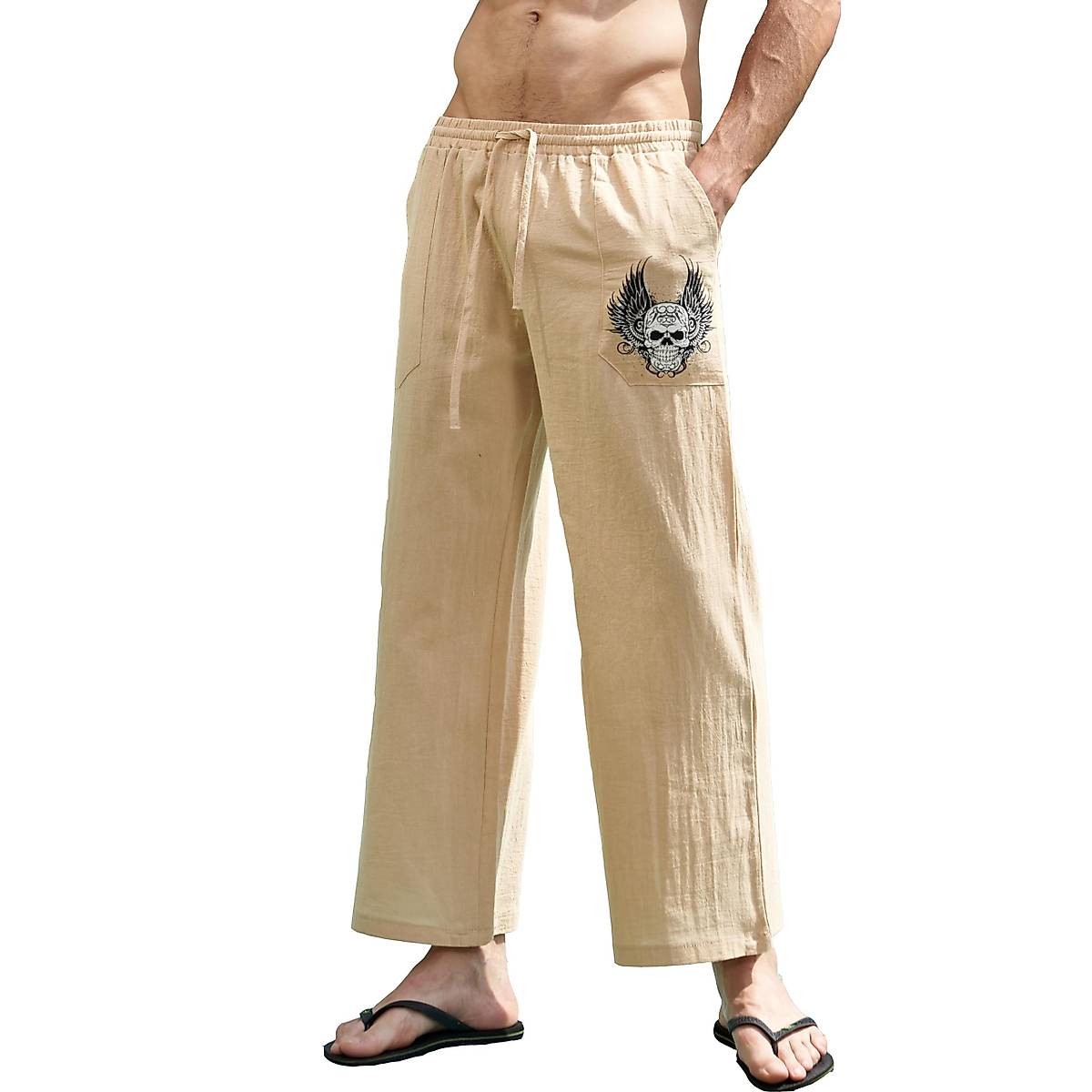 Miaikvs Men's Print Cotton Linen Casual Pants with Elastic Waistband - Soft, Breathable, and Loose-Fit Summer Pants (US, Alpha, Large, Regular, Regular, Skeleton Khaki)